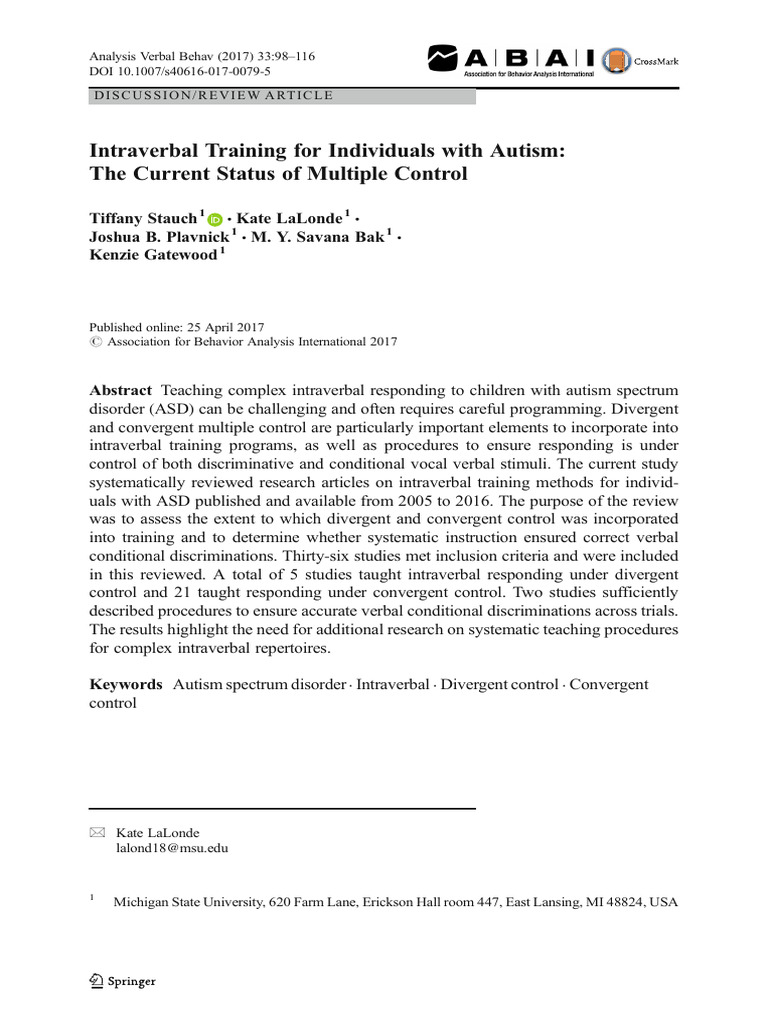 STAUCH - Intraverbal Training For Individuals With Autism The Current ...