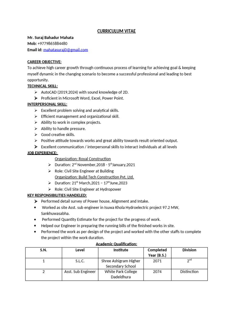 Curriculum Vitae of Suraj Mahata | PDF | Learning | Cognition