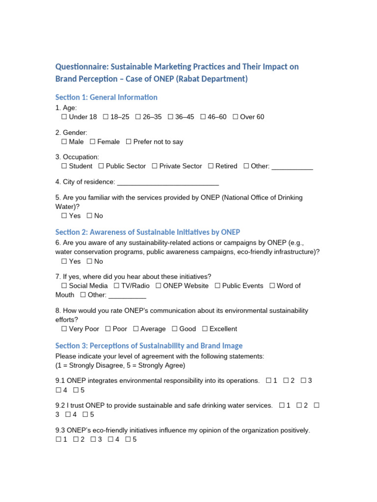 Questionnaire ONEP Sustainable Marketing | PDF | Sustainability ...