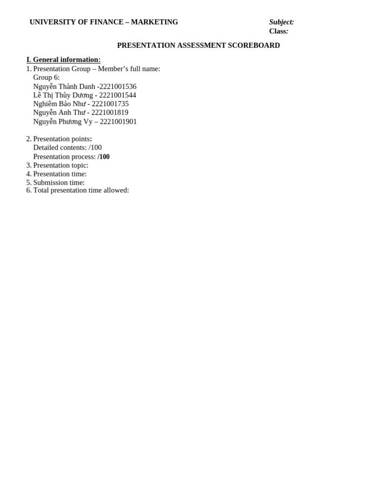 Group 6-Presentation Assessment Scoreboard- Quảng Cáo | PDF | Human ...