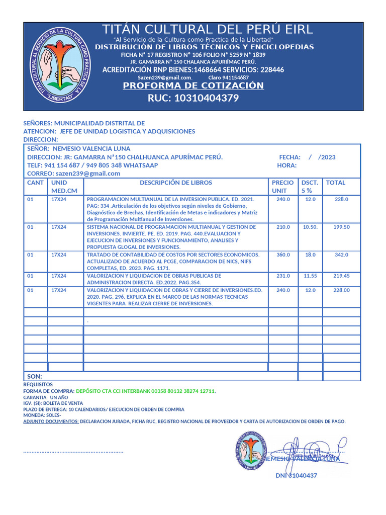 Proforma de Cotizacion Hoja 2 | PDF | Economias | Business
