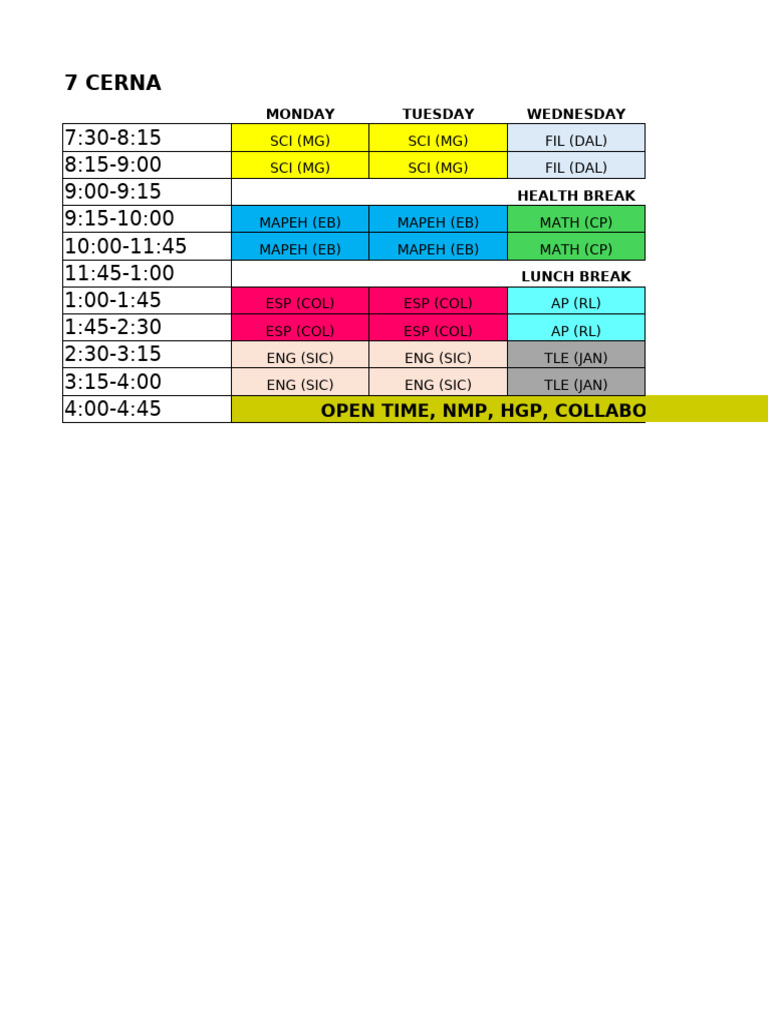 Grade 10 Collado Class Schedule 2025-2026 | PDF