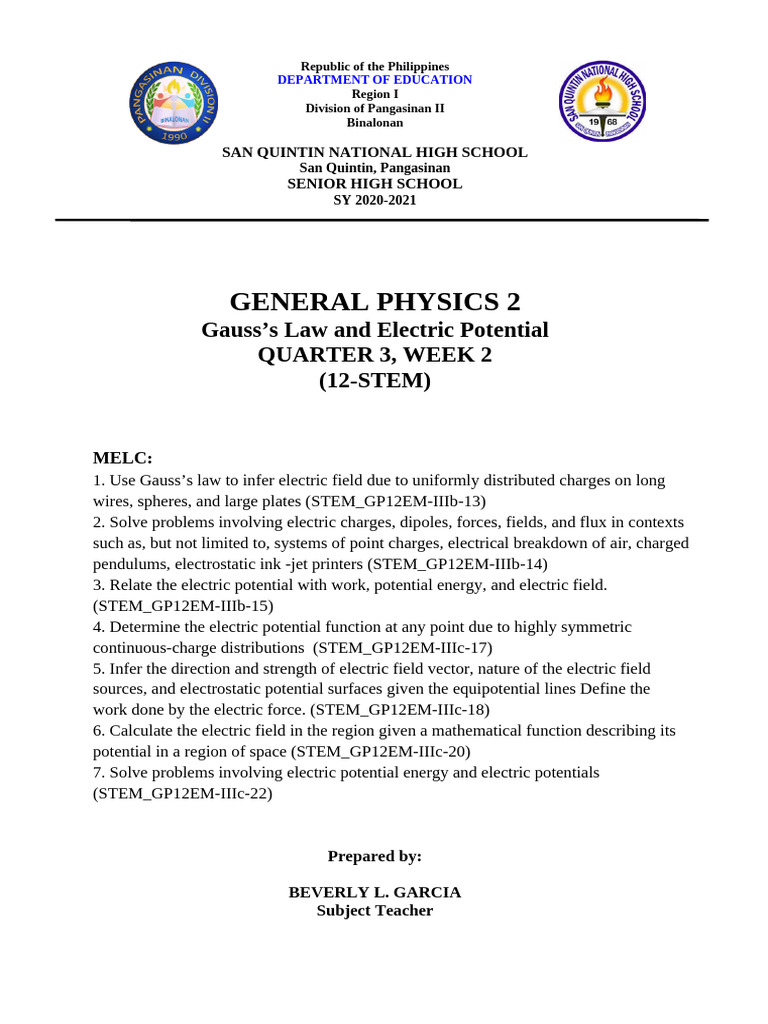 Genphysics2 q3 Week 2 Student | PDF | Potential Energy | Flux