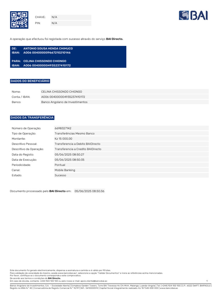 Comprovante de Transferência BAI Directo | PDF