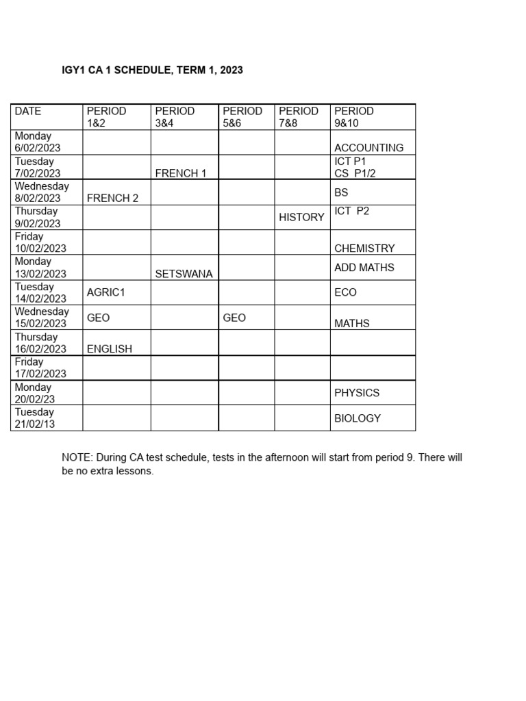 Form 4 CA 1 Timetable | PDF