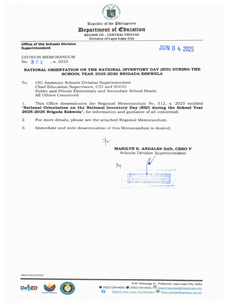 DM No. 309, S. 2025 - National Orientation On The National Inventory ...
