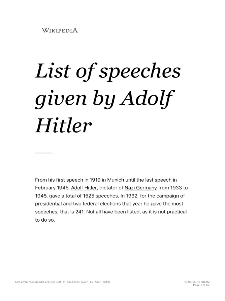 List of Speeches Given by Adolf Hitler - Wikipedia | PDF | Adolf Hitler ...