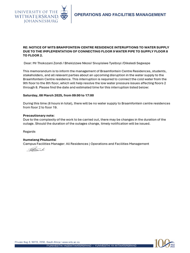 Braamfontein Water Supply Disruption Notice | PDF