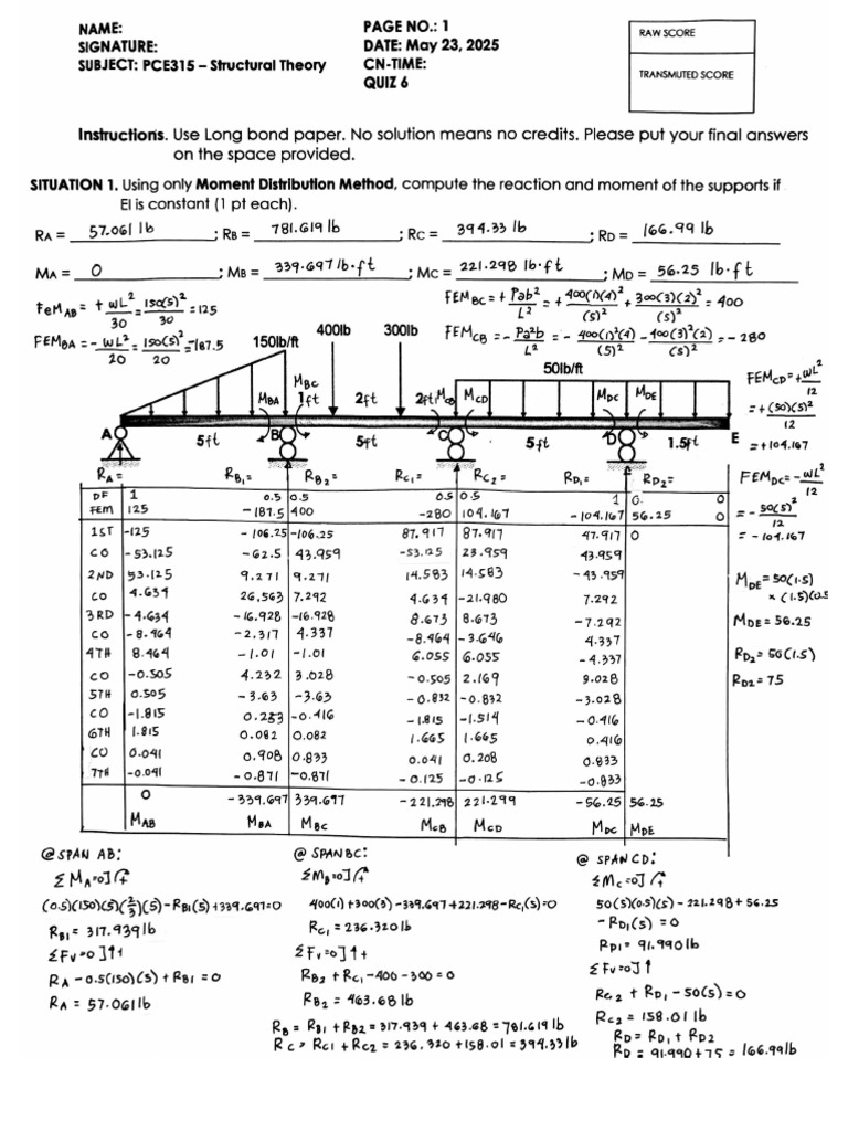 Quiz 6 Moment Distribution Method Answer Key | PDF