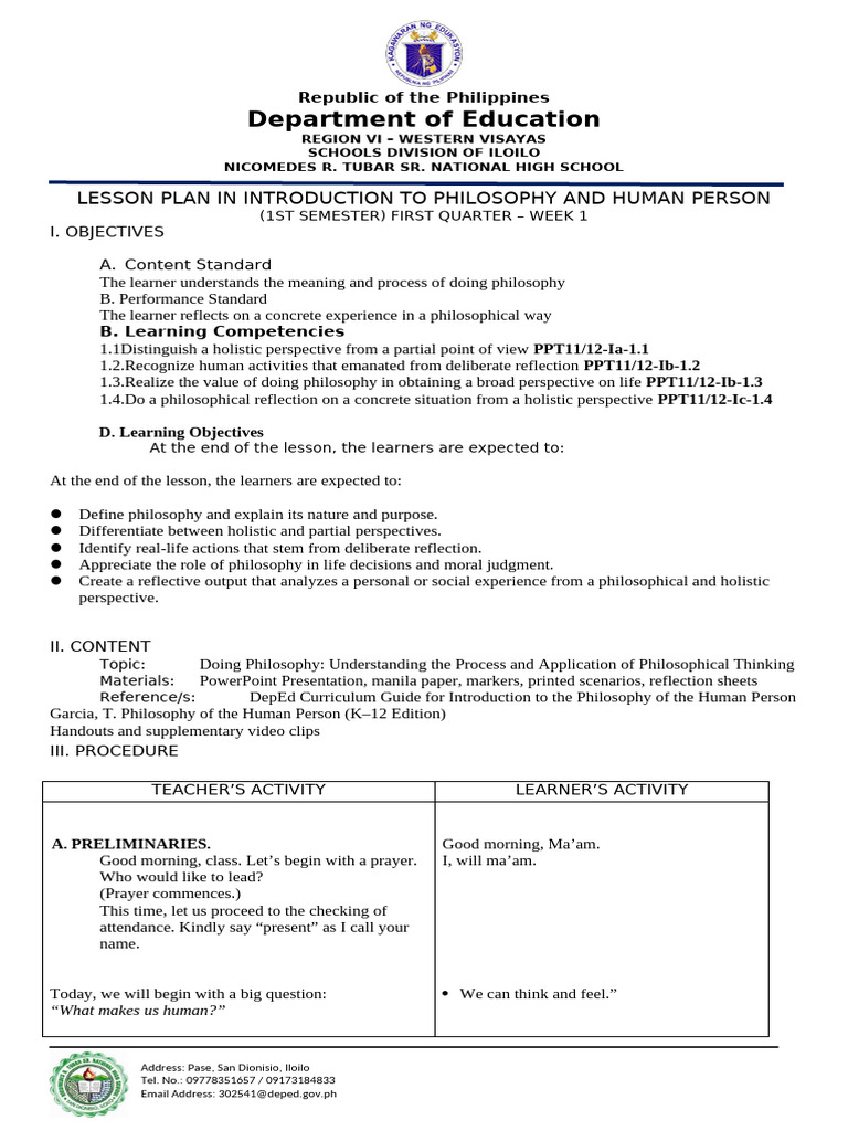 1st Quarter Intro To Philosophy Lesson Plan Week 1 | PDF | Experience ...