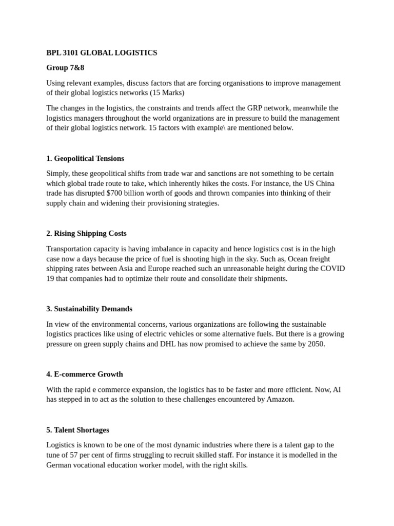 Global Logistics - Group 7&8 | PDF | Logistics | Supply Chain