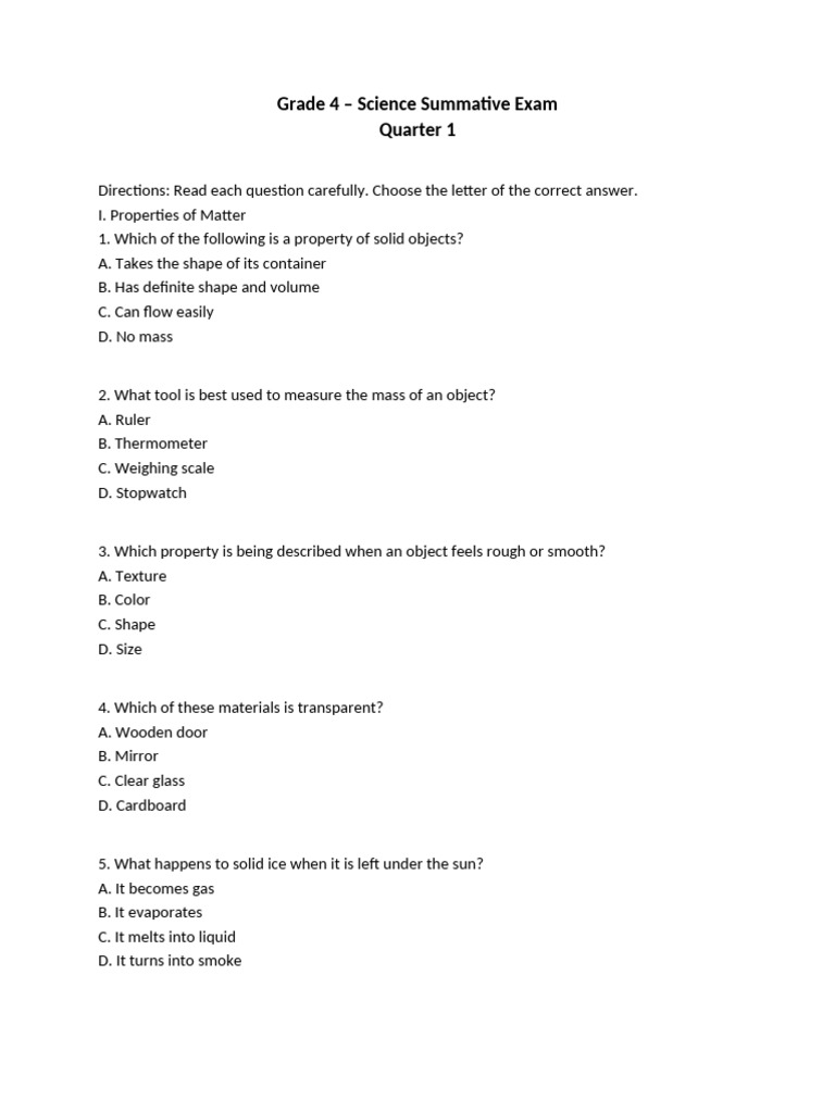 Q1-Q4 Grade 4 - Science Summative Exam | PDF | Water Cycle | Rain