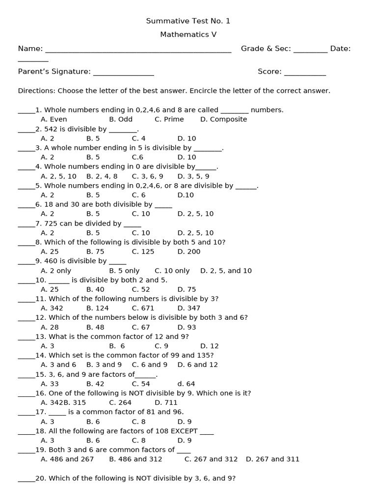 Math 5 q1 ST 1 - Melc-Based | PDF | Mathematics | Arithmetic