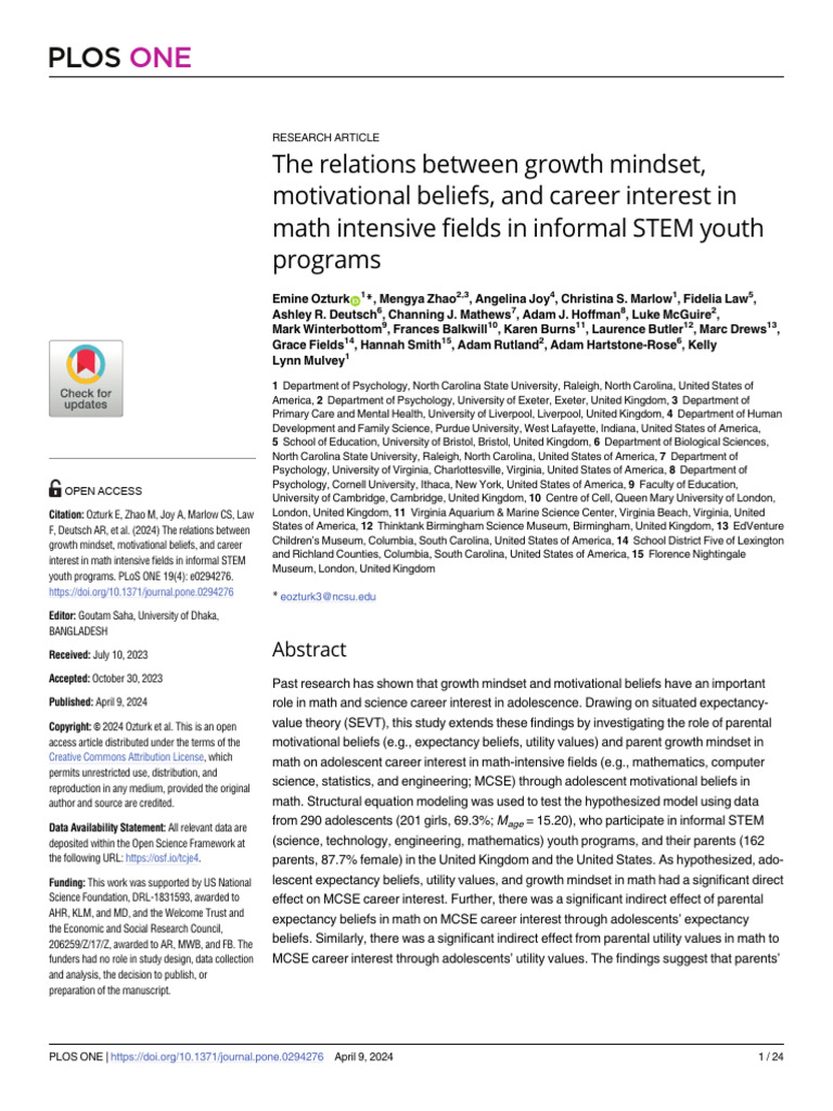 Therelations Between Growth Mindset, Motivational Beliefs, and Career Interest in Mathintensive ...