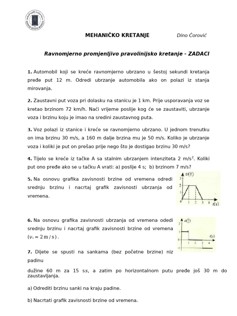 Ravnomjerno Promjenljivo Pravolinijsko Kretanje - Zadaci 2 | PDF