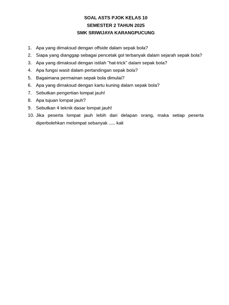 Soal Pjok Kelas 10 Dan 11 | PDF