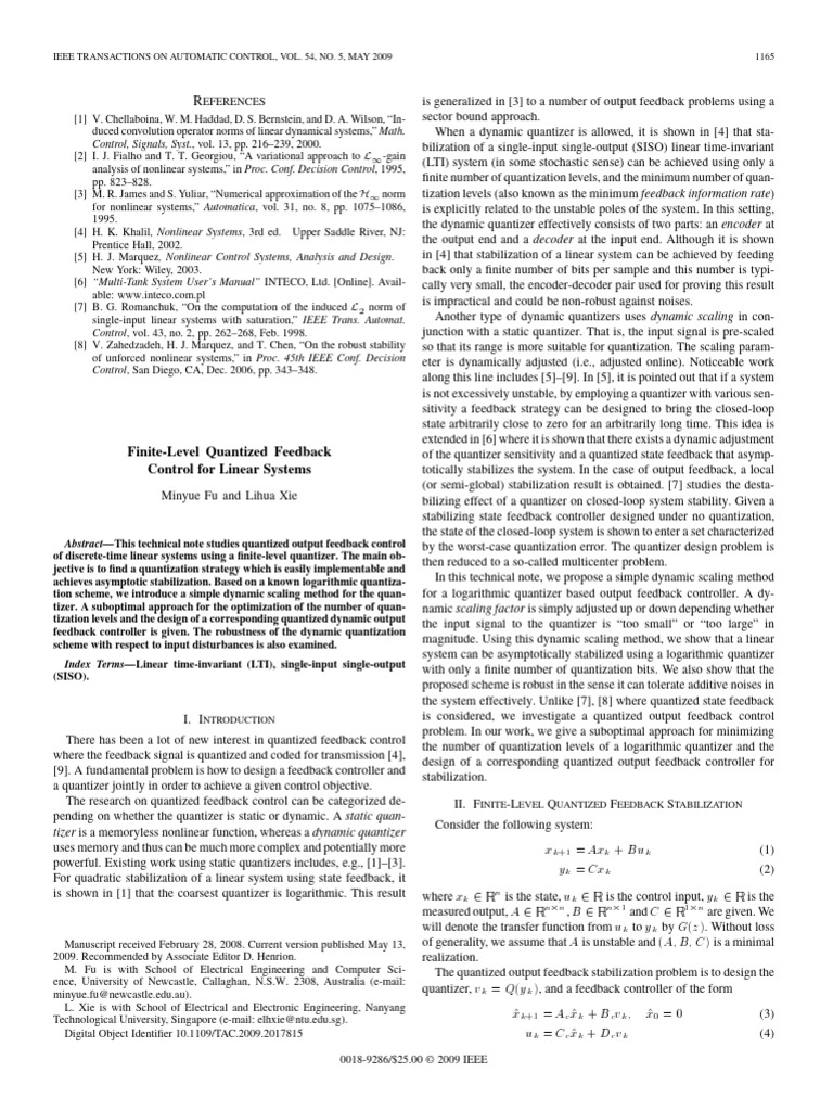 Finite-Level Quantized Feedback Control For Linear Systems | PDF | Control Theory | Feedback