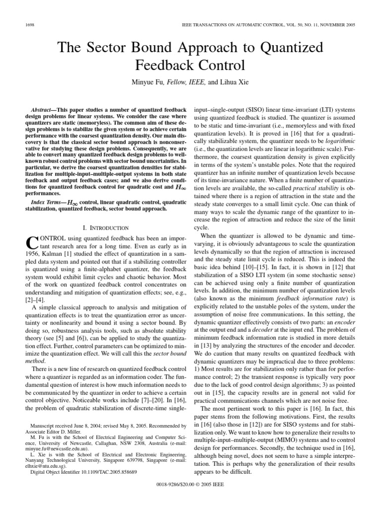 The Sector Bound Approach To Quantized Feedback Control | PDF | Control Theory | Optimal Control