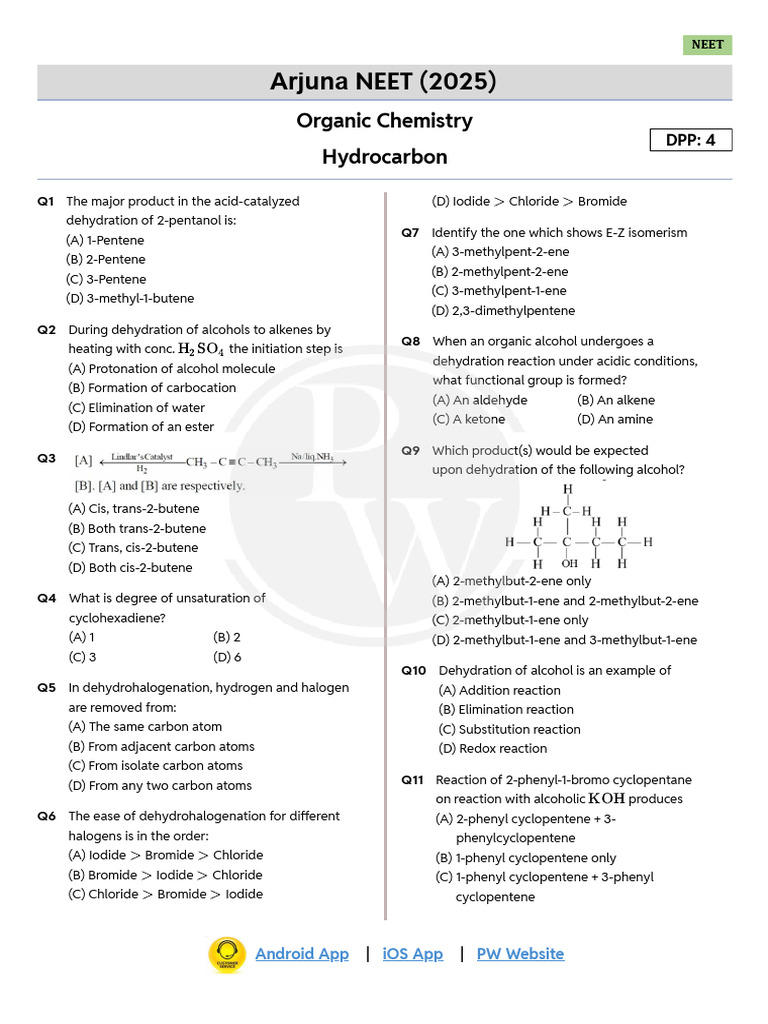 Hydrocarbon : DPP 04 || Arjuna NEET 2025 | PDF | Chemical Reactions | Alkene