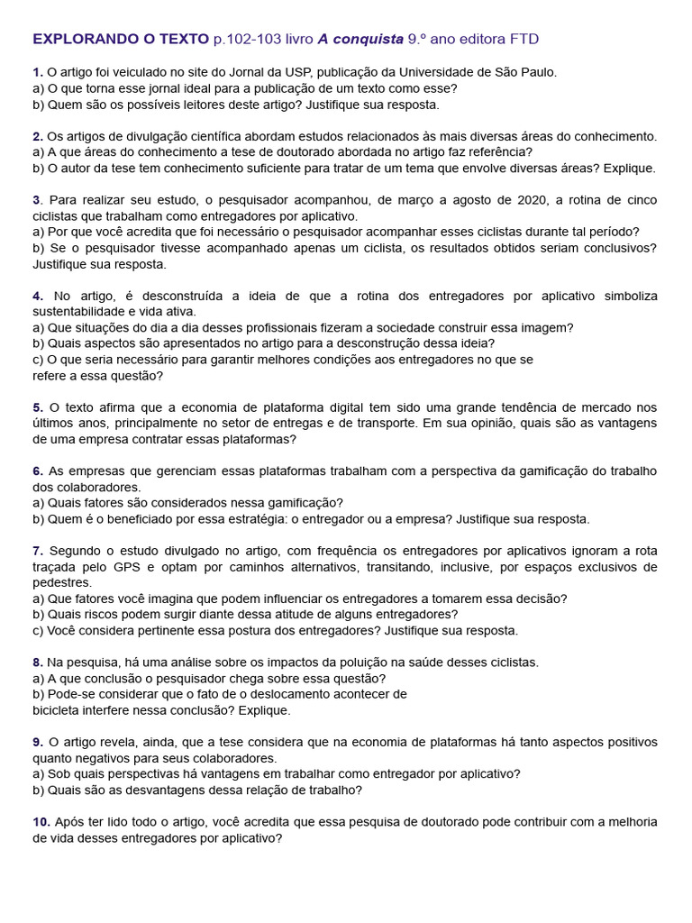 EXPLORANDO O TEXTO p.102-103 Livro A Conquista 9.º Ano Editora FTD | PDF | Economia | Livros