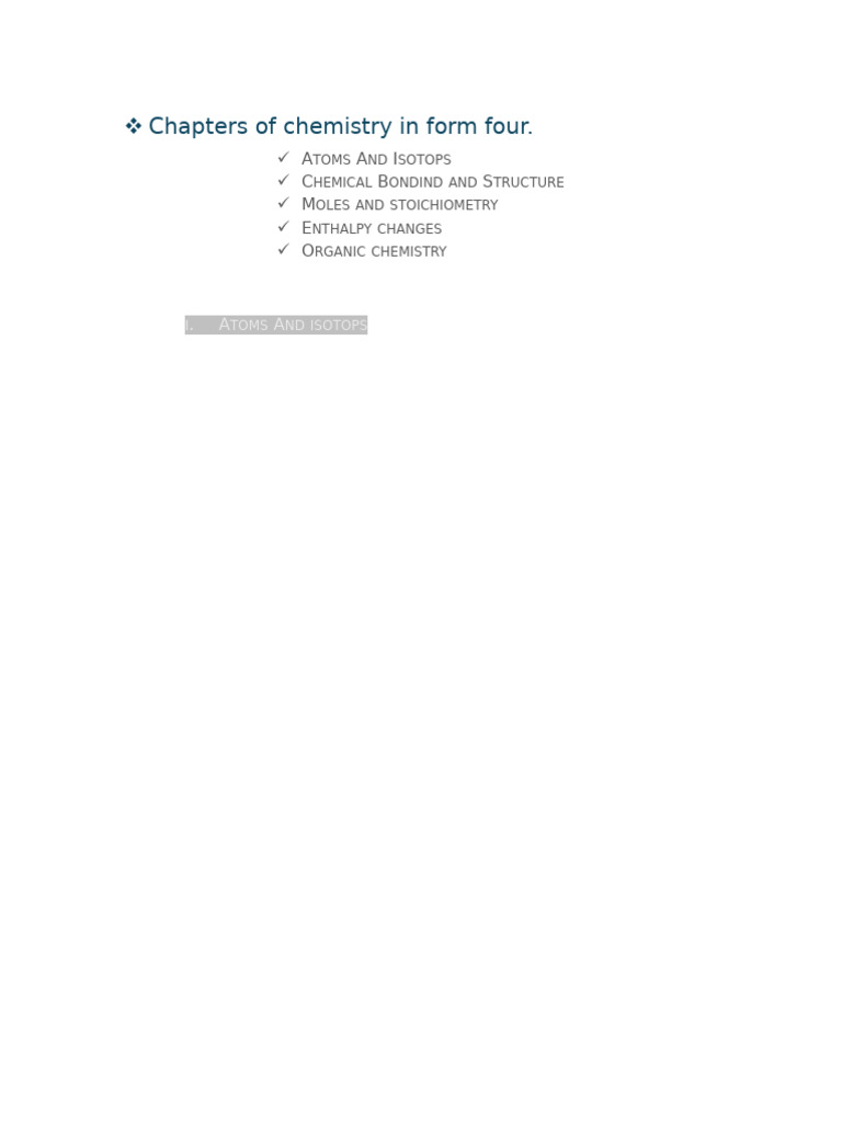 Chapters of Chemistry in Form Four.: A A I C B S M E O | PDF