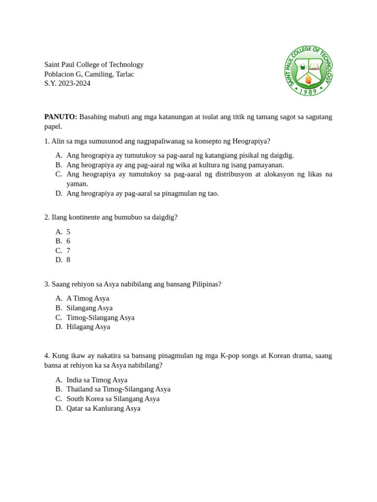 Ap Pre-Test G7 | PDF