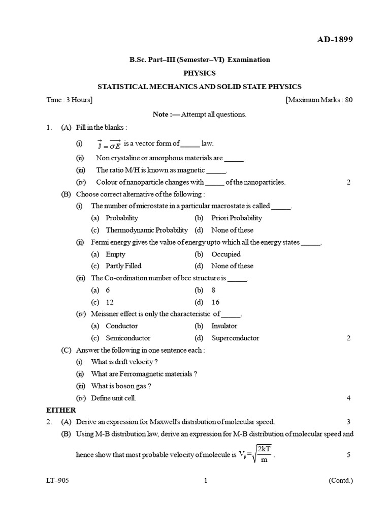 BSC 6 Sem Physics Ad 1899 S 2023 | PDF | Crystal Structure | Electrical ...