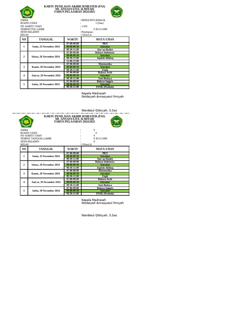 Kartu Ujian Pas Kelas 1a 2024-2025 | PDF
