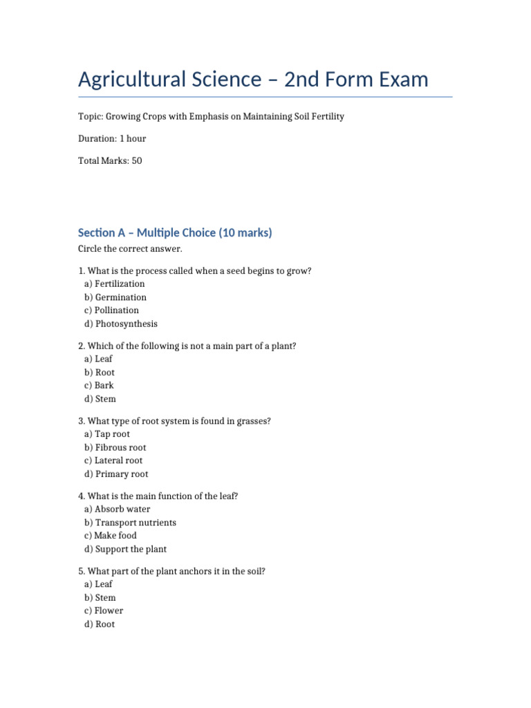 2nd Form Agri Science Exam | PDF