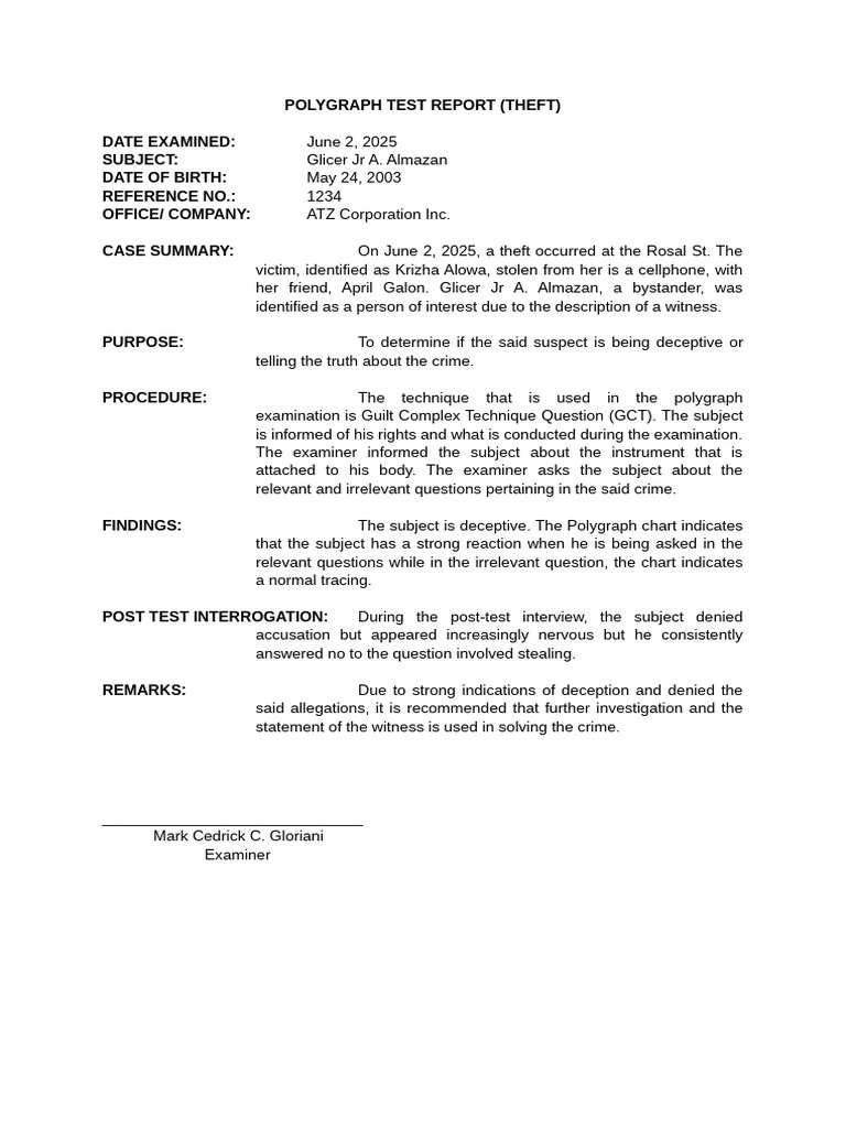 Polygraph Test Report | PDF