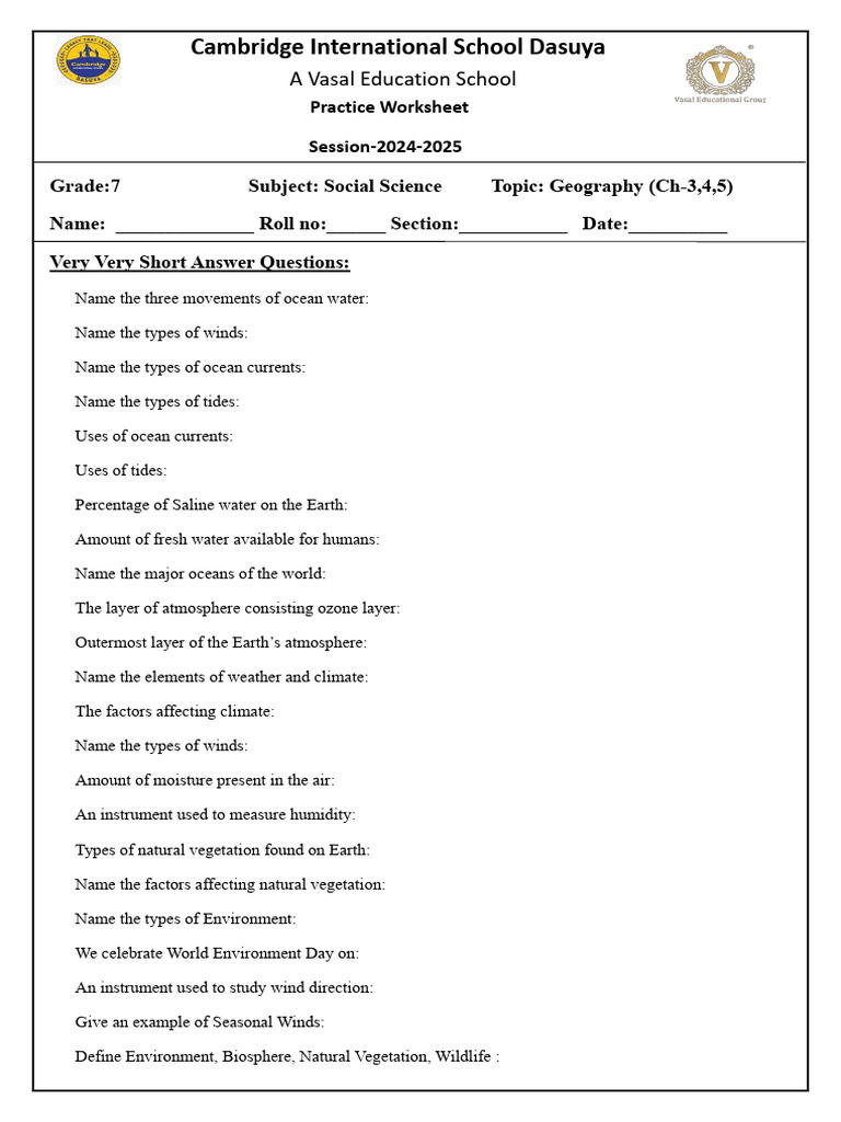 Year 7 Geography Practice Worksheet | PDF