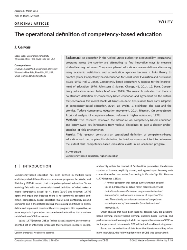 The Operational Definition of Competency‐Based Education | PDF | Educational Assessment | Learning