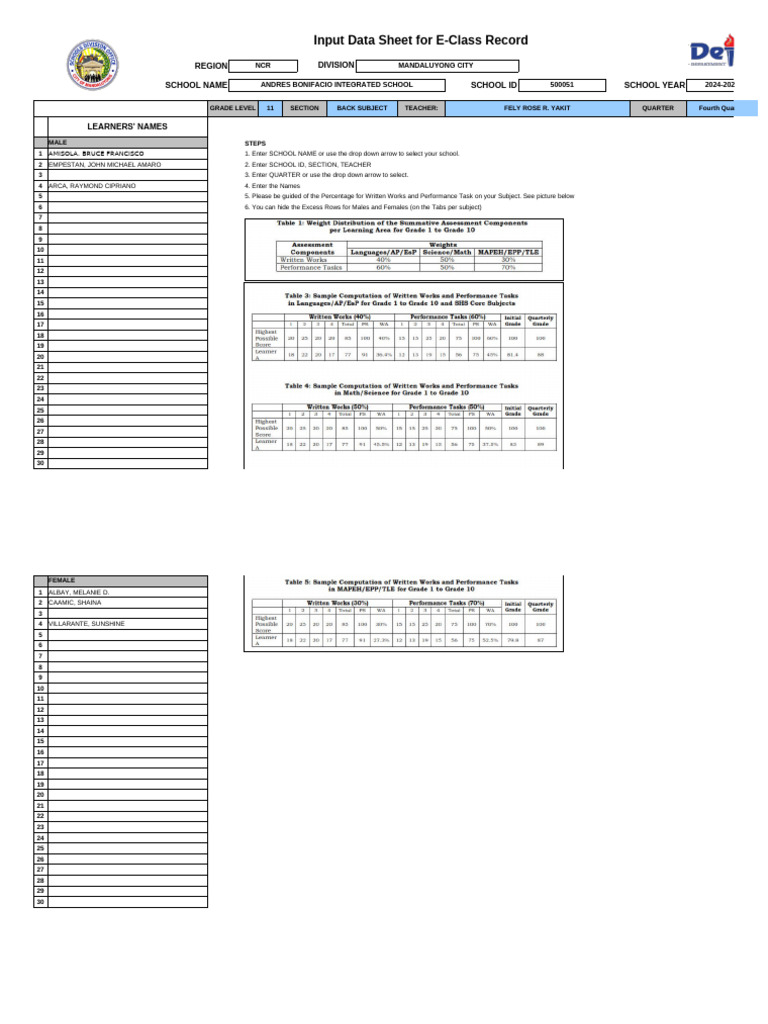 Grade 11 e Class Record Ohs Ucsp | PDF