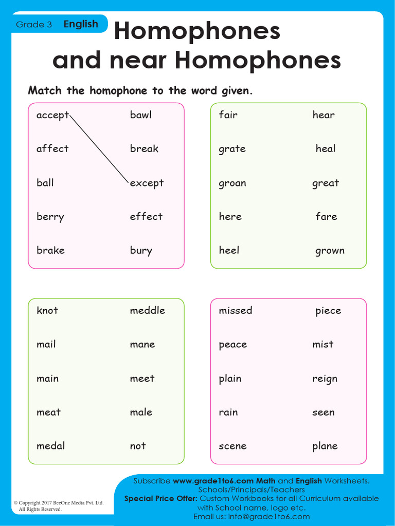 Homophones Matching Worksheet for Kids | PDF