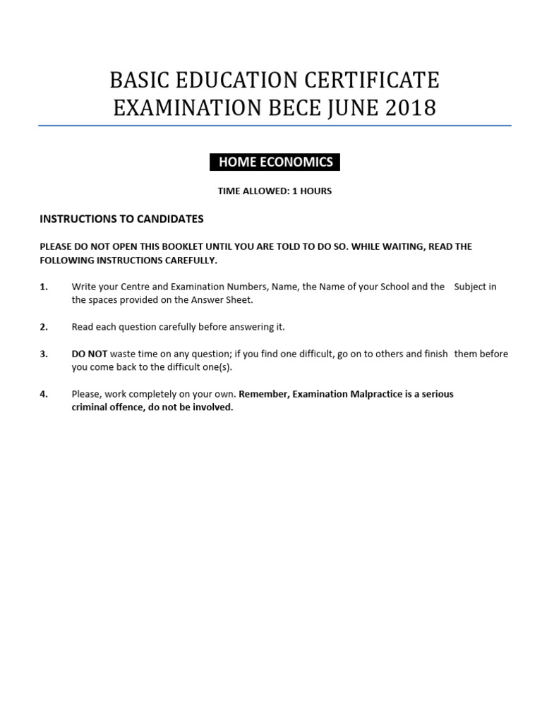 Bece Junior Waec Past Questions On Home Economics jss3 1 | PDF | Foods ...