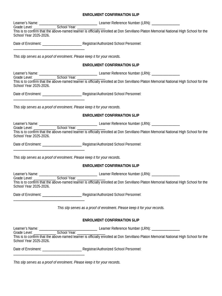 Enrolment Confirmation Slip 2025-2026 | PDF