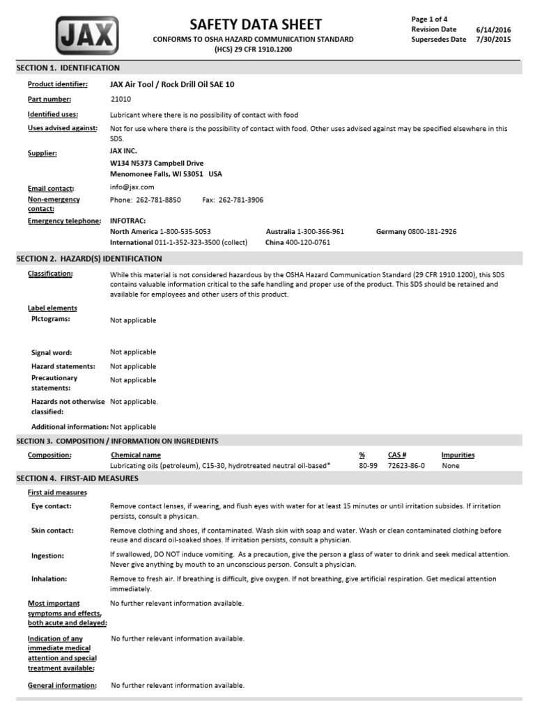 JAX Rock Drill Oil Safety Data Sheet | PDF | Water | Personal ...