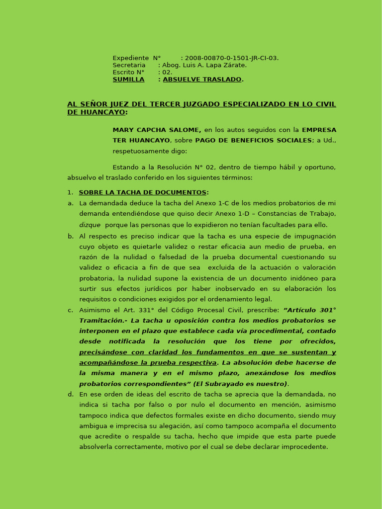 Absuelve Traslado, Tacha de Documentos | PDF | Caso de ley | Demanda judicial