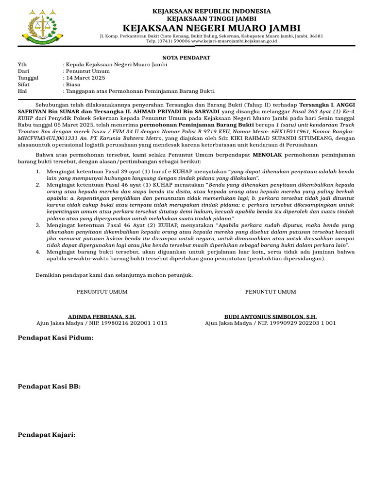 Contoh Nota Pendapat Pinjam Pakai BB | PDF