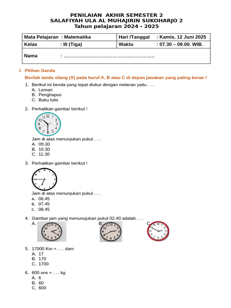 Pas MTK Kelas 3 Genap 2025 | PDF