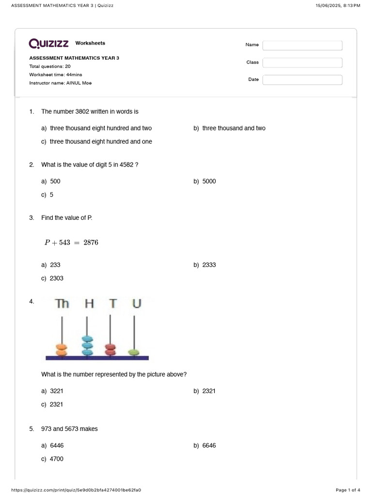 ASSESSMENT MATHEMATICS YEAR 3 - Quizizz | PDF | Chess Openings | Chess