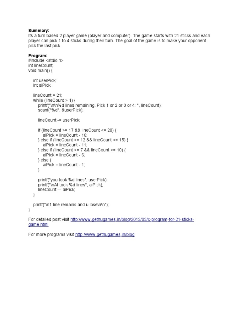 21 Sticks Game | PDF | Computer Programming | Computing