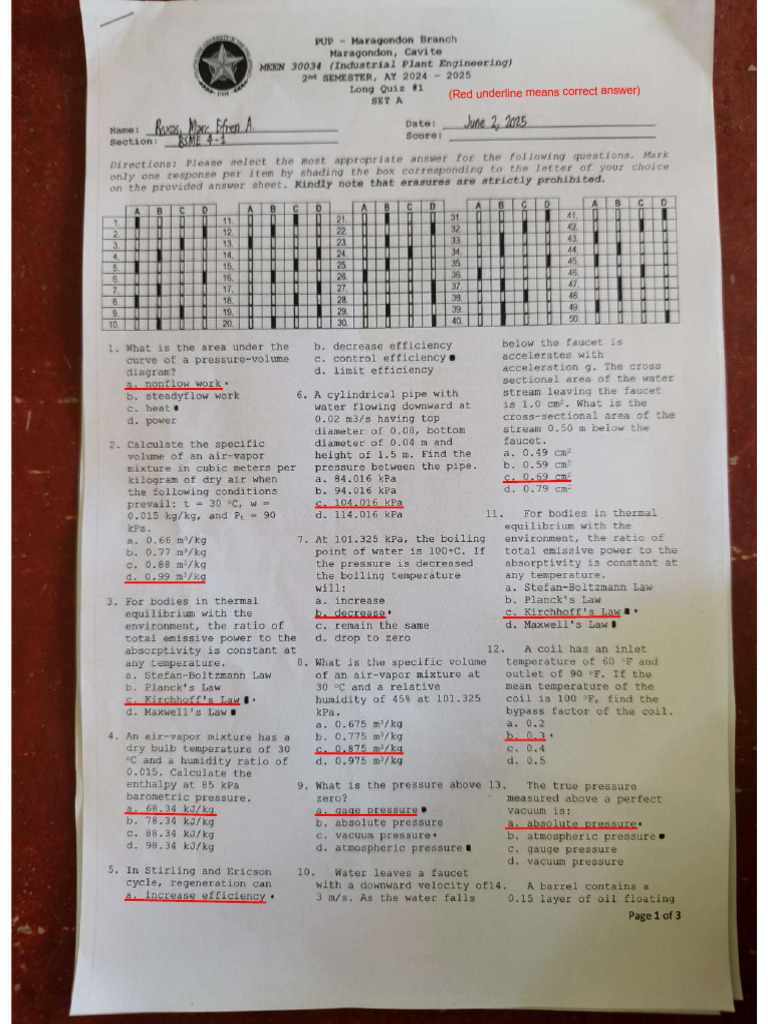 Industrial Plant Engineering - Final Long Quiz (Answer Key - Set A) | PDF