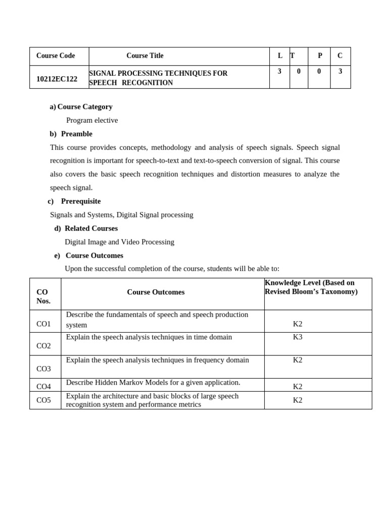 10212EC122 - Signal Processing Techniques For Speech Recognition Syllabus | PDF ...