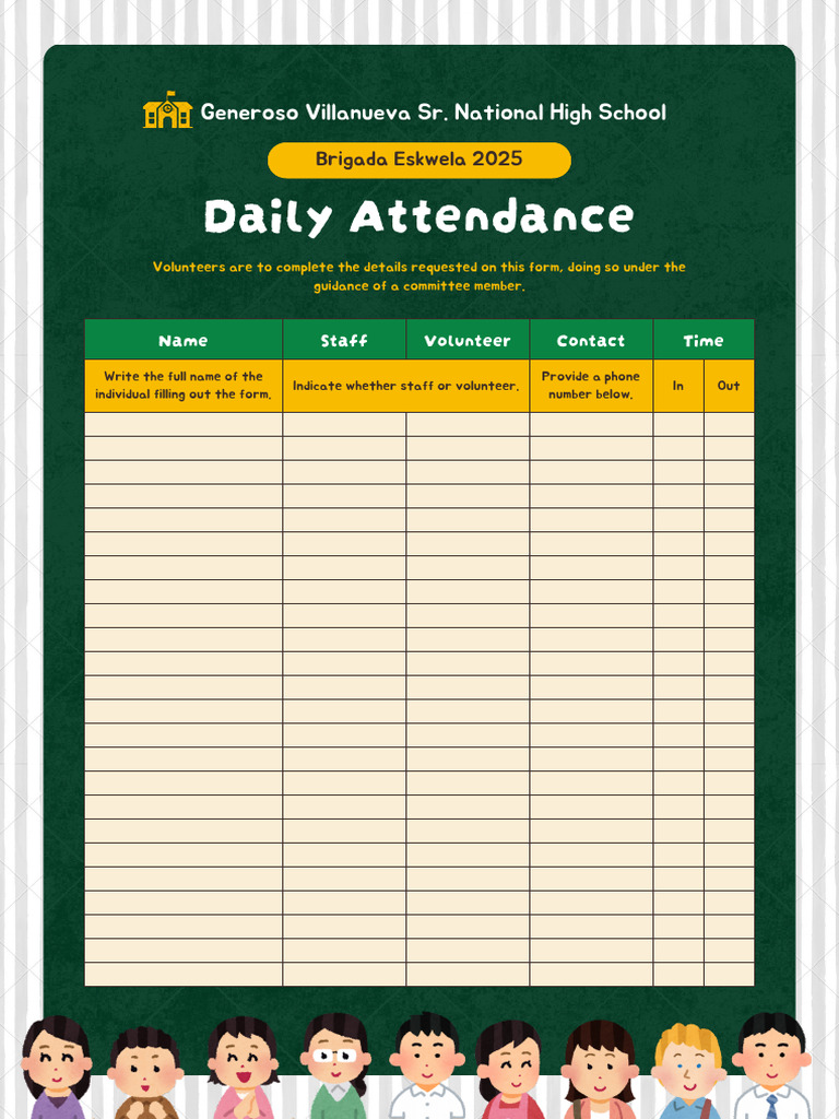 Brigada Eskwela Daily Attendance Record Document in Dark Green and Yellow Cute and Illustrative ...