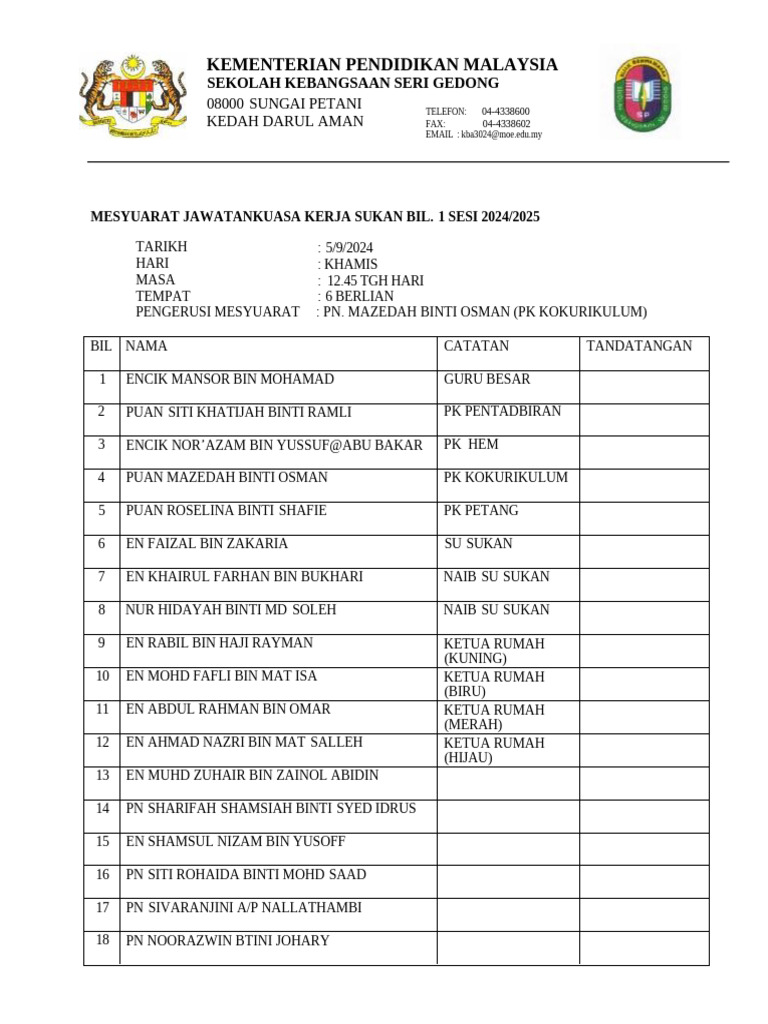 Surat Kehadiran Mesyuarat Jawatankuasa Sukan Kali 1 2024 | PDF