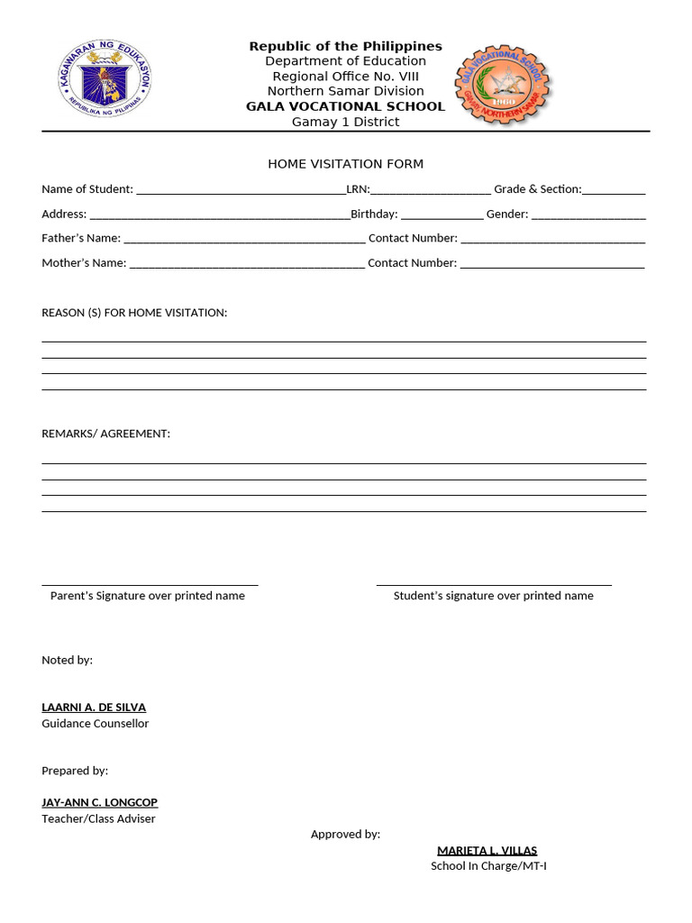Gala Vocational School Home Visitation Form | PDF