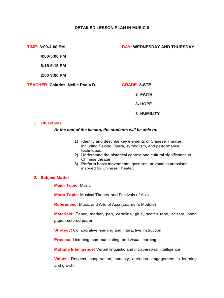 Detailed Lesson Plan in Music 8 (For Feb 19) | PDF | Learning | Human ...
