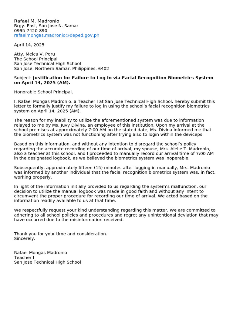 Justification for Biometric Attendance Issue | PDF