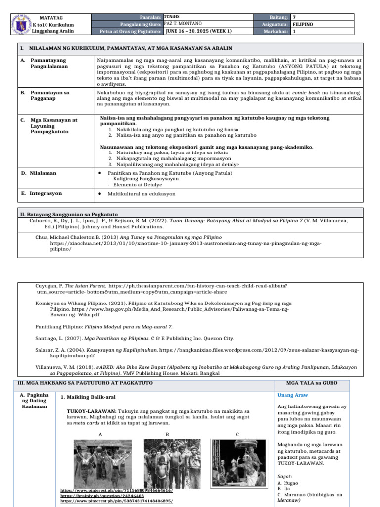 DLL Matatag - Filipino 7 q1 w1 | PDF